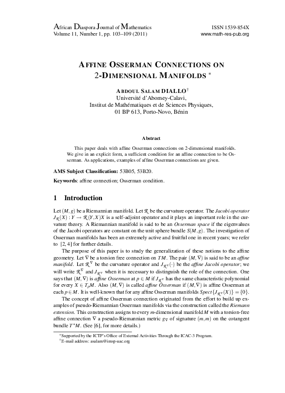 (PDF) Affine Osserman Connections on 2-Dimensional Manifolds