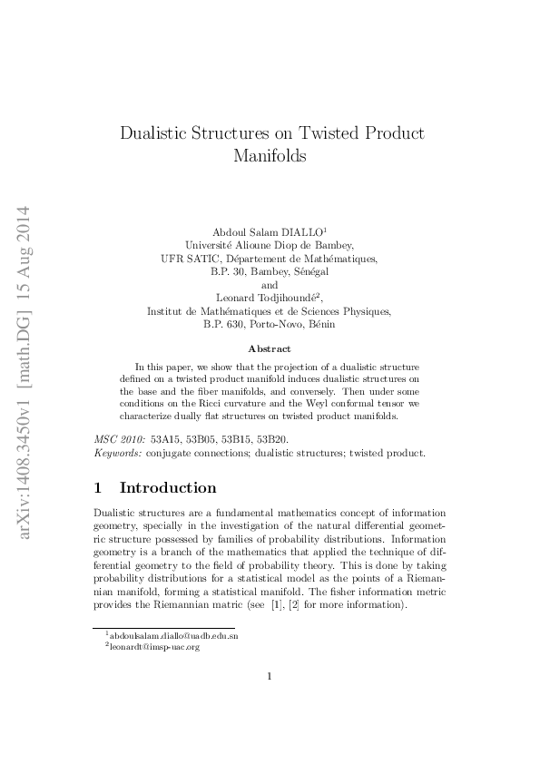(PDF) Dualistic Structures on Twisted Product Manifolds