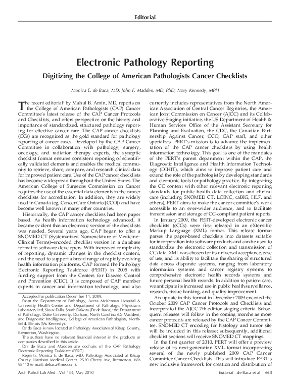 (PDF) Electronic pathology reporting: digitizing the College of ...