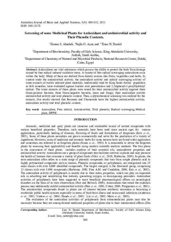 (PDF) Screening of some Medicinal Plants for Antioxidant and ...