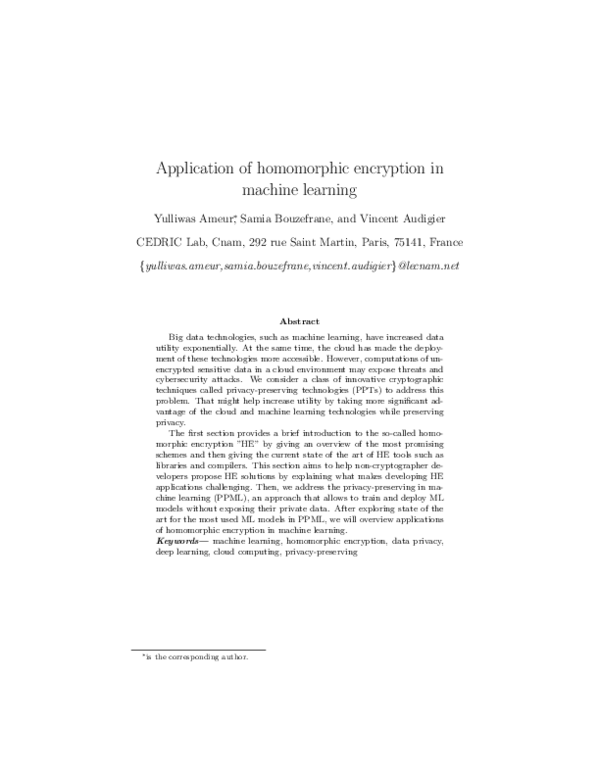 (PDF) Application of homomorphic encryption in machine learning