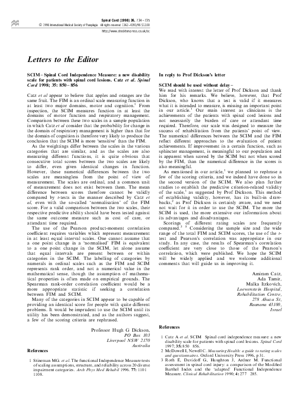 (PDF) SCIM–Spinal Cord Independence Measure: a new disability scale for ...