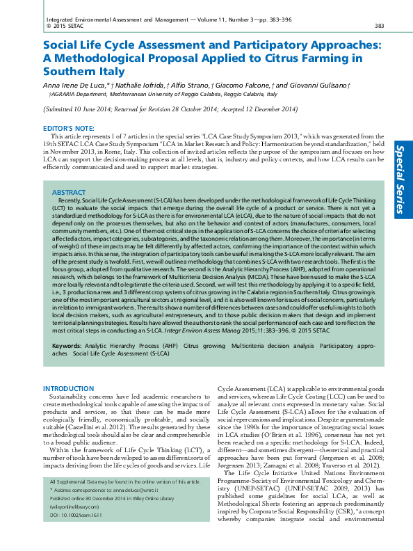 (PDF) Social life cycle assessment and participatory approaches: A ...
