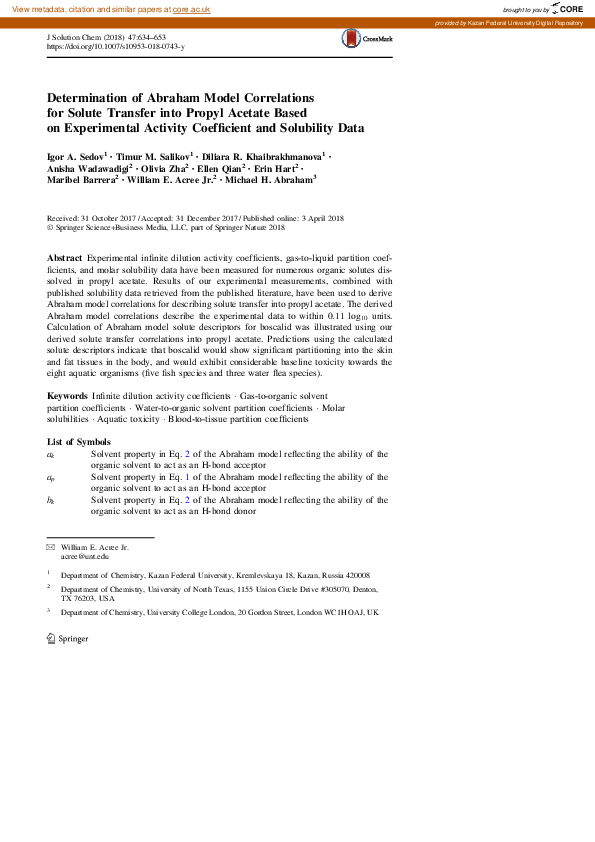 (PDF) Determination of Abraham Model Correlations for Solute Transfer ...