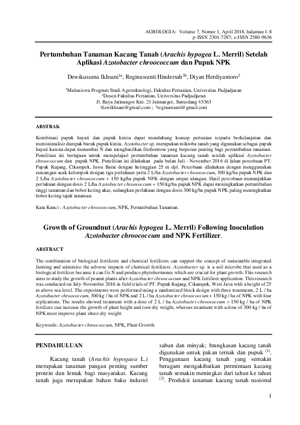 (PDF) Pertumbuhan Tanaman Kacang Tanah (Arachis hypogea L. Merril) Setelah Aplikasi Azotobacter ...