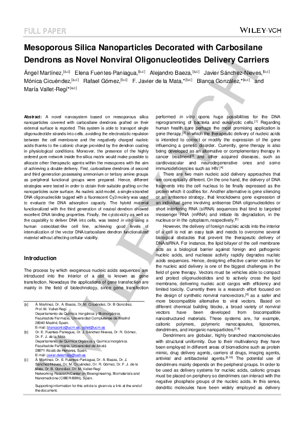 (PDF) Mesoporous Silica Nanoparticles Decorated with Carbosilane Dendrons as New Non-viral ...