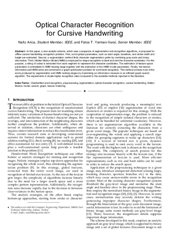 (PDF) Optical character recognition for cursive handwriting
