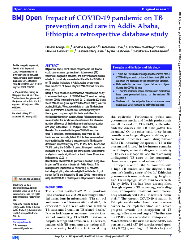 (PDF) Impact of COVID-19 pandemic on TB prevention and care in Addis ...