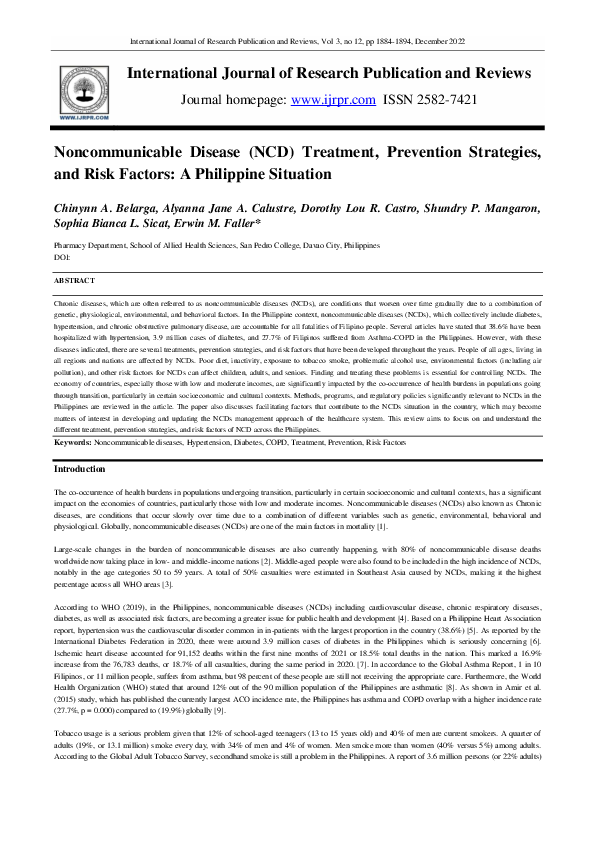 (PDF) Noncommunicable Disease (NCD) Treatment, Prevention Strategies ...