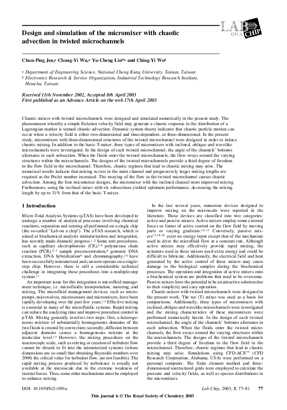 (PDF) Design and simulation of the micromixer with chaotic advection in ...