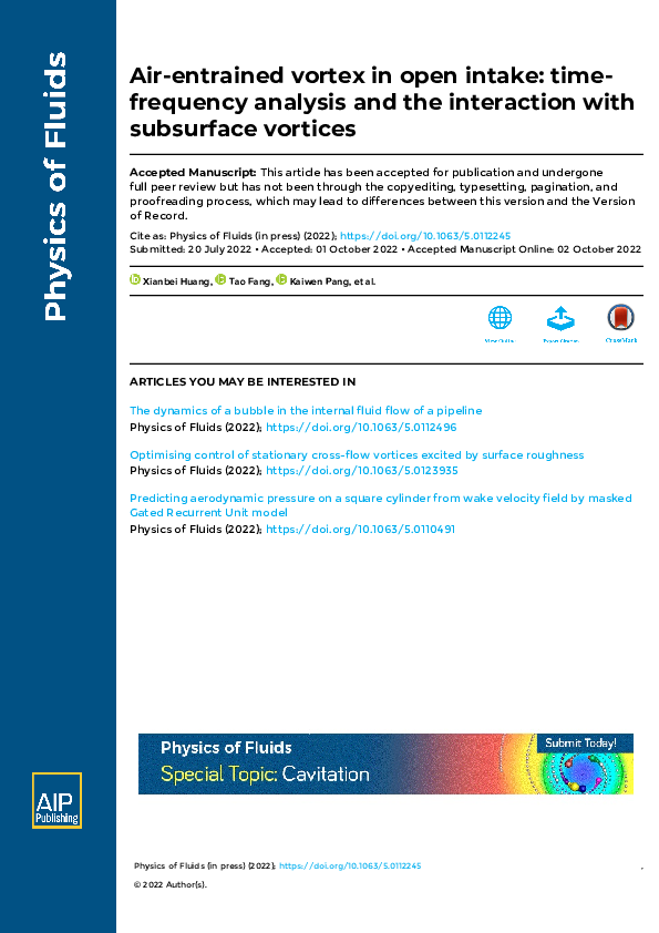 (PDF) Air-entrained vortex in open intake: Time–frequency analysis and the interaction with ...