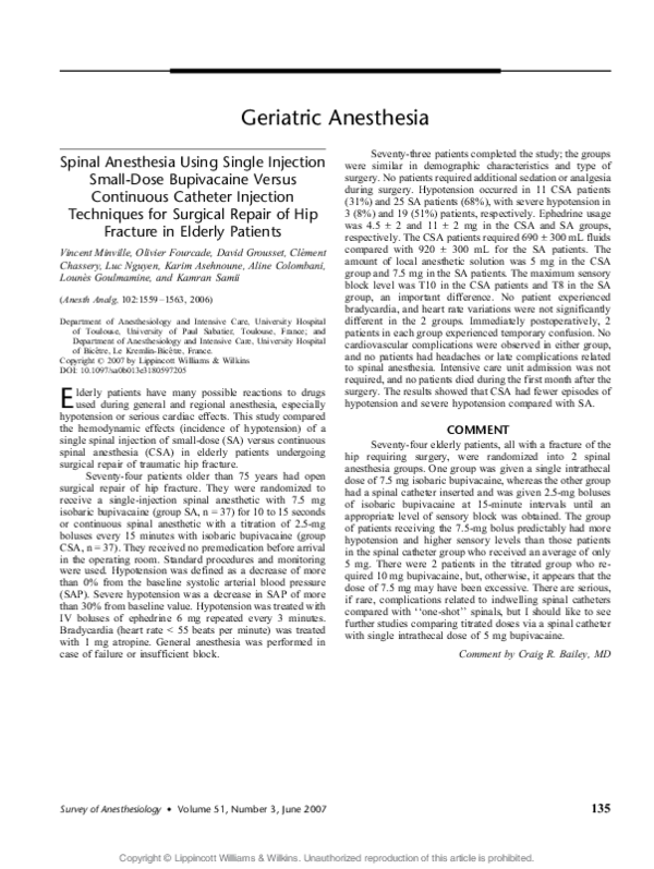 (PDF) Spinal Anesthesia Using Single Injection Small-Dose Bupivacaine ...
