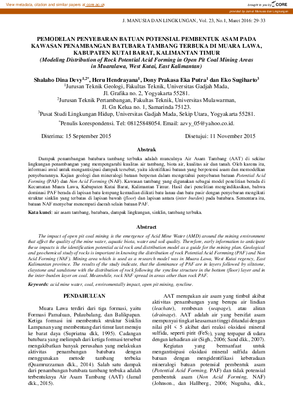 (PDF) PEMODELAN PENYEBARAN BATUAN POTENSIAL PEMBENTUK ASAM PADA KAWASAN ...