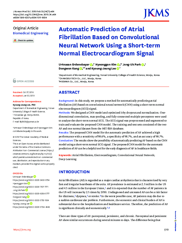 (PDF) Automatic Prediction of Atrial Fibrillation Based on Convolutional Neural Network Using a ...