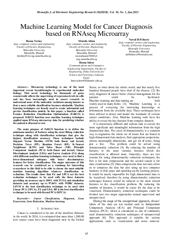 (PDF) Machine Learning Model for Cancer Diagnosis based on RNAseq Microarray