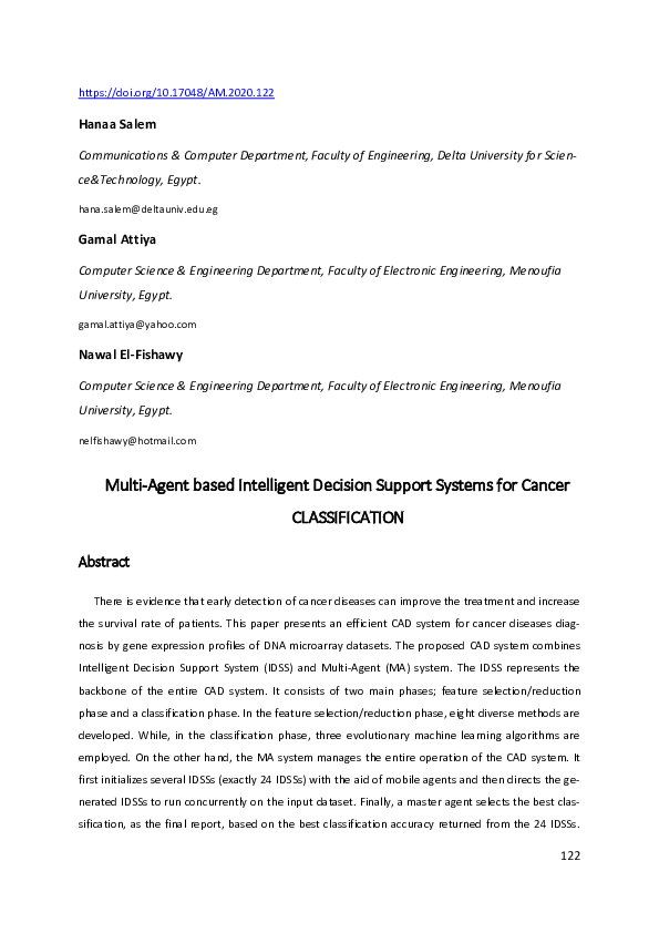 (PDF) Multi-Agent based Intelligent Decision Support Systems for Cancer Classification