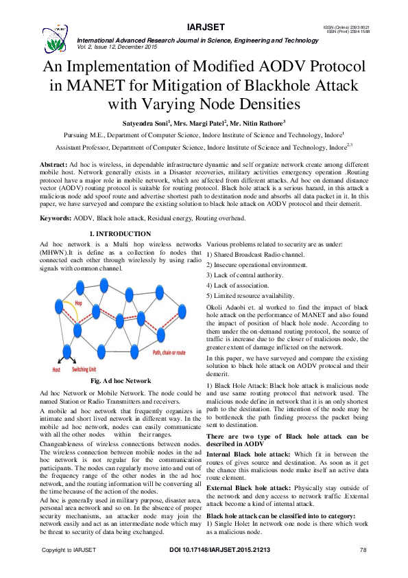 Pdf An Implementation Of Modified Aodv Protocol In Manet For Mitigation Of Blackhole Attack