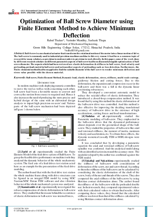 (PDF) Optimization of Ball Screw Diameter using Finite Element Method to Achieve Minimum Deflection