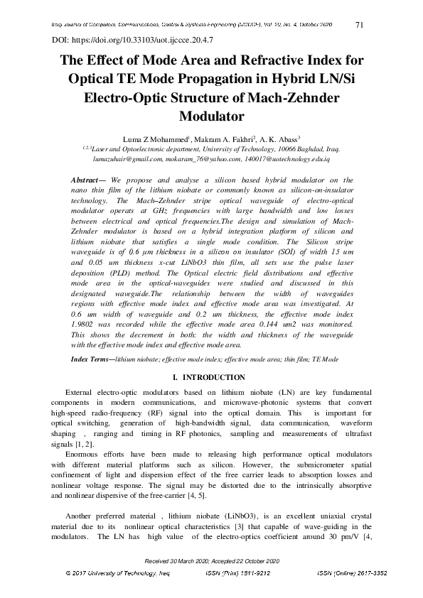 Pdf The Effect Of Mode Area And Refractive Index For Optical Te Mode