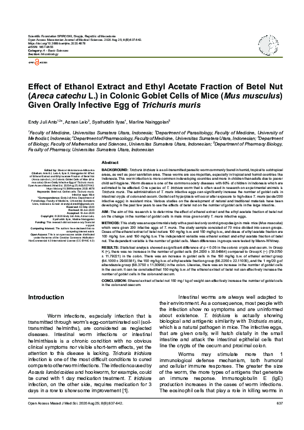 (PDF) Effect of Ethanol Extract and Ethyl Acetate Fraction of Betel Nut (Areca catechu L.) in ...