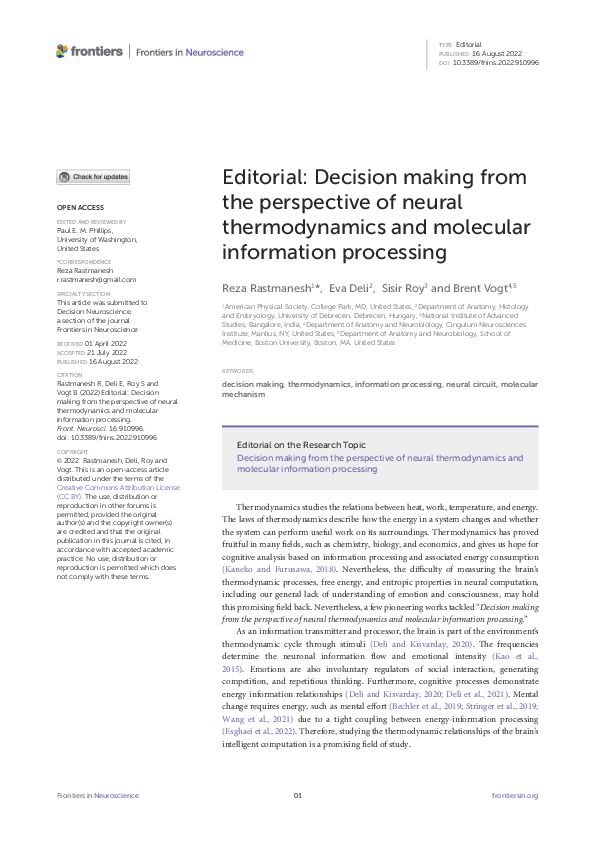 (PDF) Editorial: Decision making from the perspective of neural ...