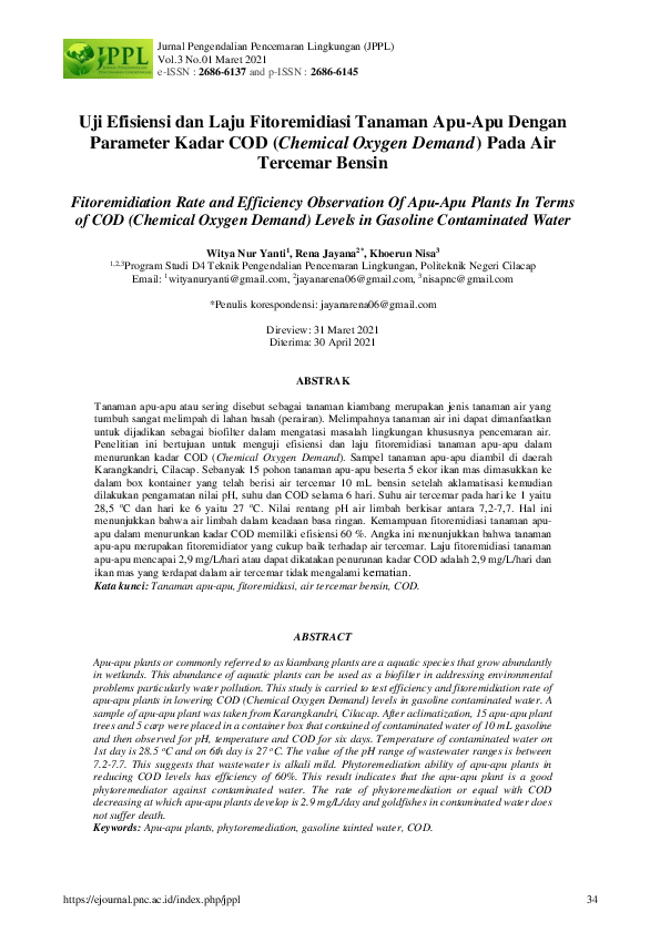 (PDF) Uji Efisiensi dan Laju Fitoremidiasi Tanaman Apu-Apu Dengan ...