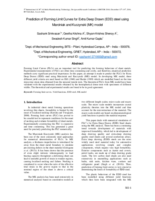 (PDF) Prediction of Forming Limit Curves for Extra Deep Drawn ( EDD ) steel using Marciniak and ...