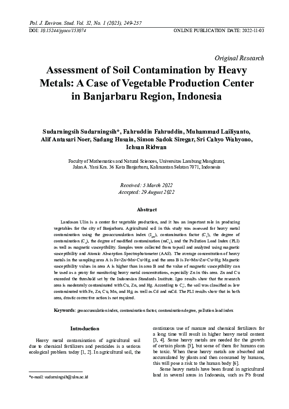 (PDF) Assessment of Soil Contamination by Heavy Metals: A Case of ...