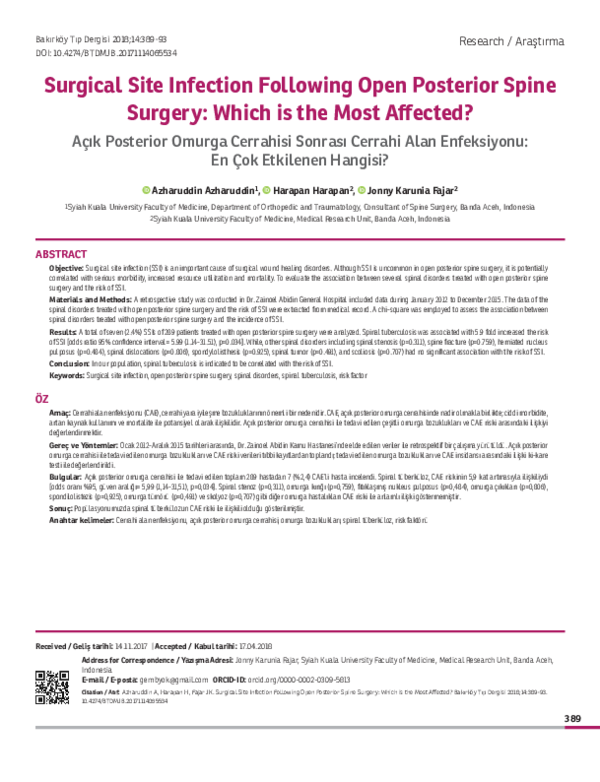 (PDF) Surgical Site Infection Following Open Posterior Spine Surgery ...