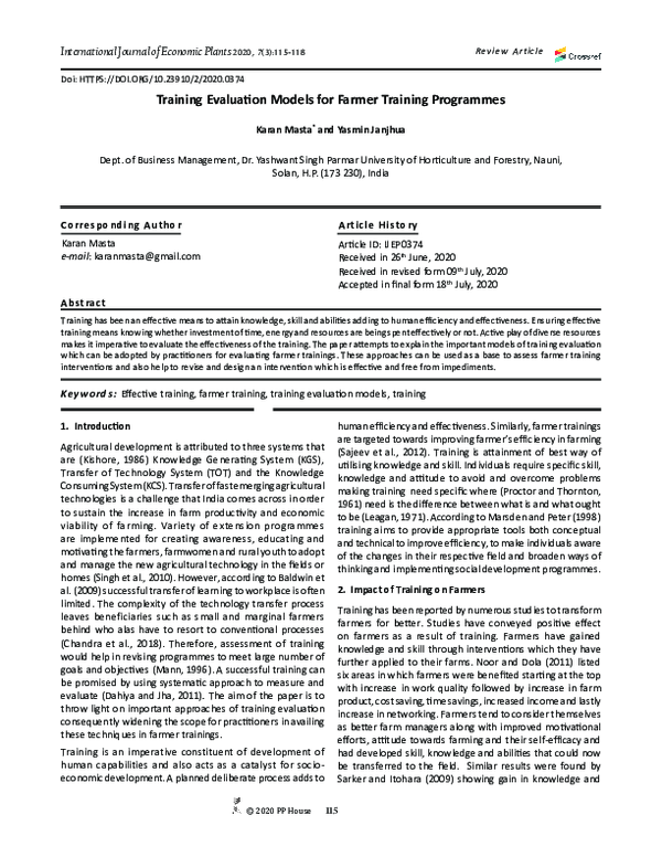 (PDF) Training Evaluation Models for Farmer Training Programmes