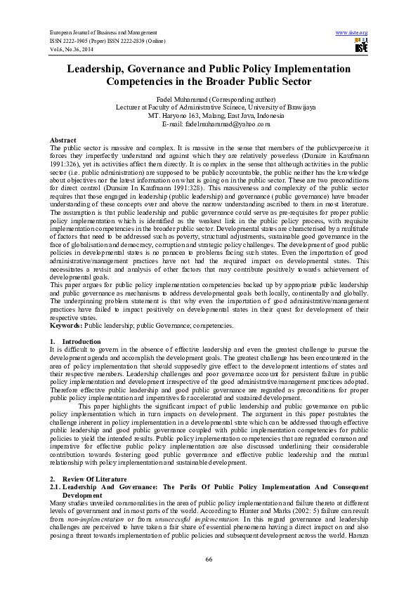 (PDF) Leadership, Governance and Public Policy Implementation Competencies in the Broader Public ...