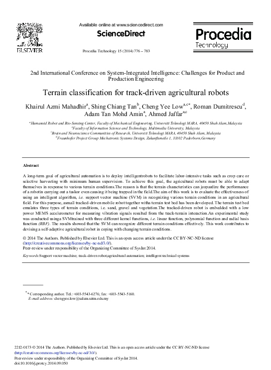 Pdf Terrain Classification For Track Driven Agricultural Robots