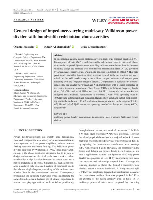 (PDF) General design of impedance-varying multi-way Wilkinson power divider with bandwidth ...