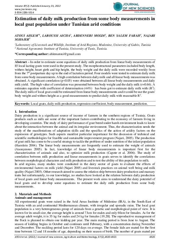 (PDF) Estimation of daily milk production from some body measurements ...