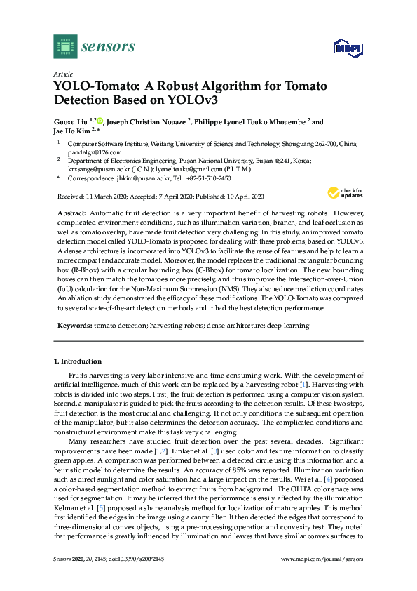 (PDF) YOLO-Tomato: A Robust Algorithm for Tomato Detection Based on YOLOv3