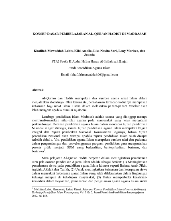(PDF) Konsep Dasar Pembelajaran Al-Qur'an Hadist di Madrasah