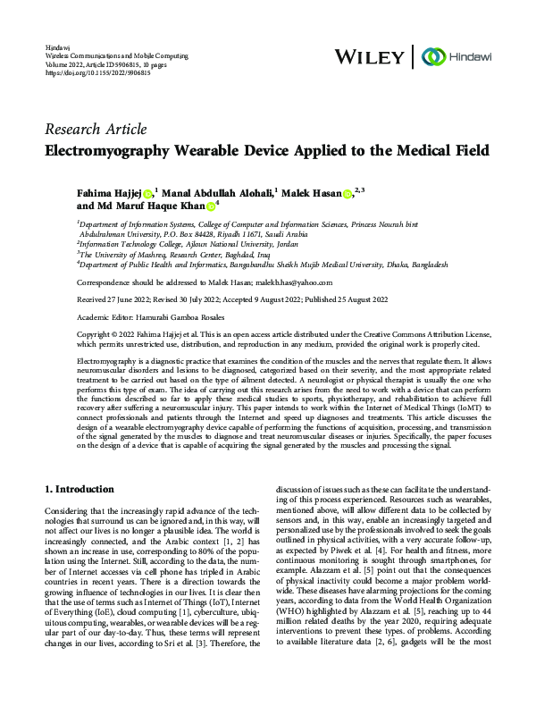(PDF) Electromyography Wearable Device Applied to the Medical Field