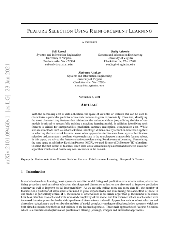 (PDF) Feature Selection Using Reinforcement Learning