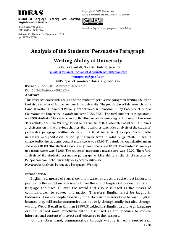 (PDF) Analysis of the Students' Persuasive Paragraph Writing Ability at ...
