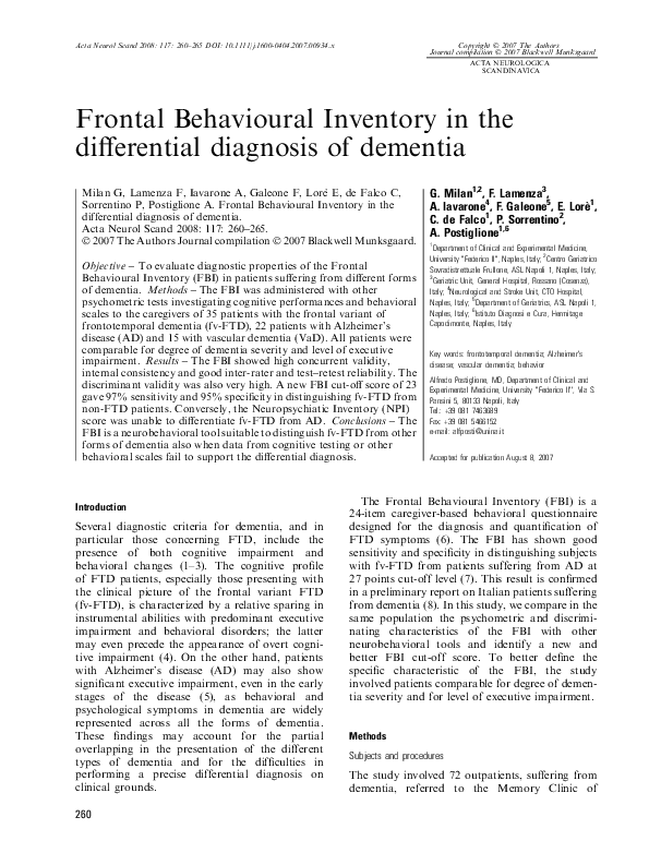 (PDF) Frontal Behavioural Inventory in the differential diagnosis of ...