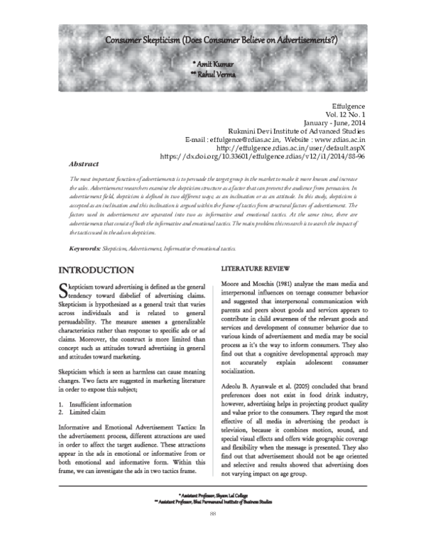 (PDF) Consumer Skepticism (Does Consumer Believe on Advertisements?)