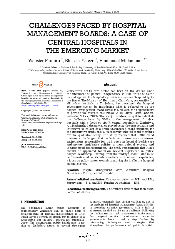 (PDF) Challenges faced by hospital management boards: A case of central ...