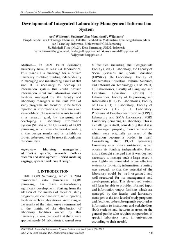 (PDF) Development of Integrated Laboratory Management Information System