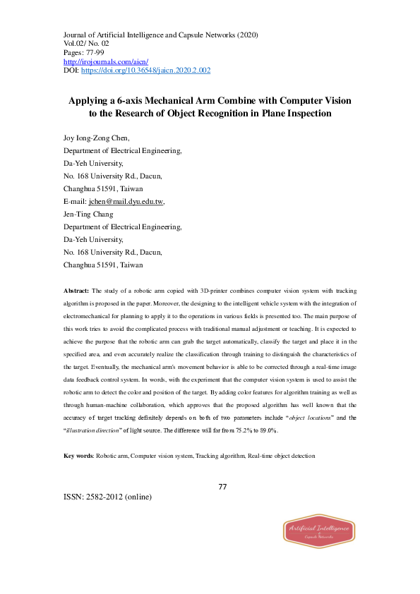 (PDF) Applying a 6-axis Mechanical Arm Combine with Computer Vision to the Research of Object ...