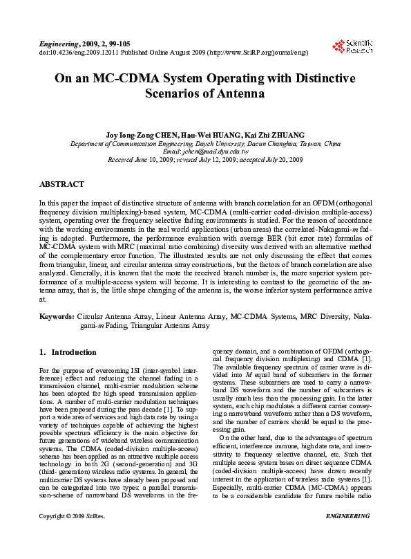 (PDF) On an MC-CDMA System Operating with Distinctive Scenarios of Antenna