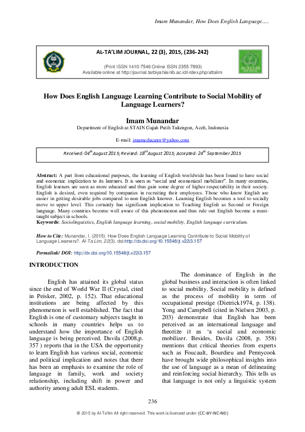 (PDF) How Does English Language Learning Contribute to Social Mobility ...