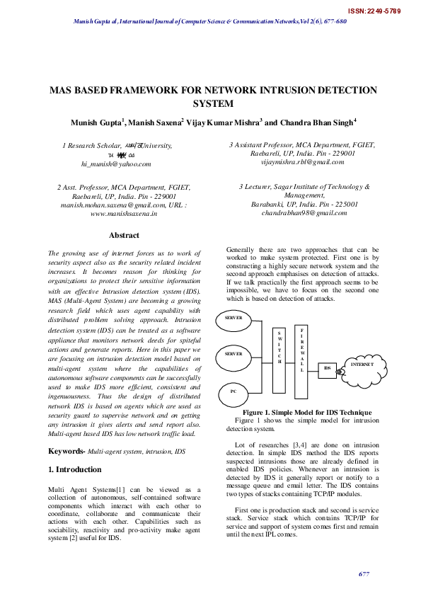 (PDF) Mas Based Framework for Network Intrusion Detection System