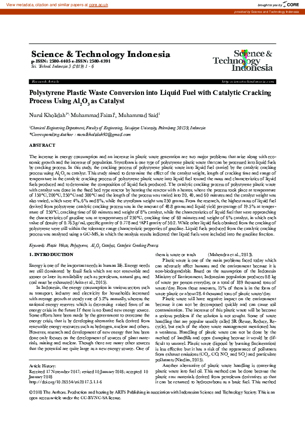 (PDF) Polystyrene Plastic Waste Conversion into Liquid Fuel with Catalytic Cracking Process ...