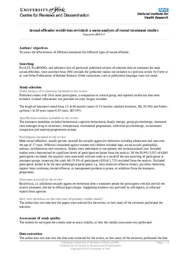 (PDF) Sexual offender recidivism revisited: A meta-analysis of recent ...