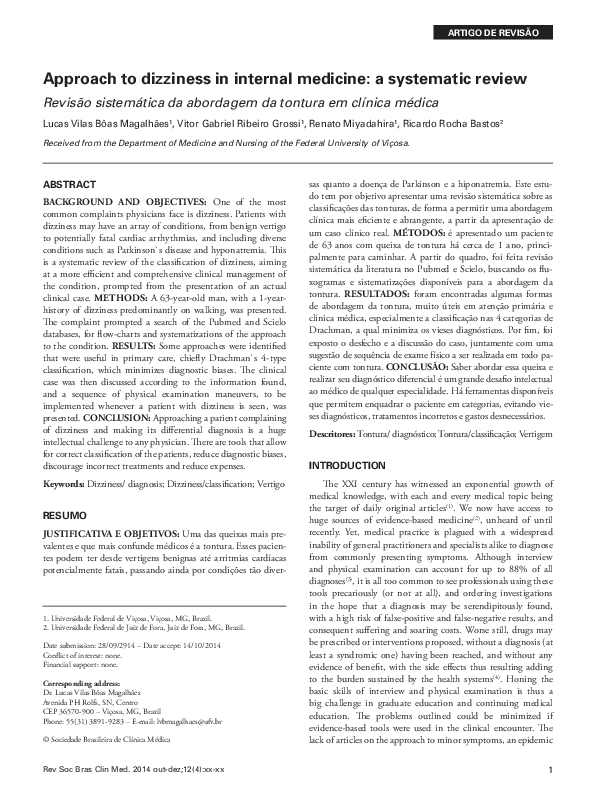 (PDF) Approach to dizziness in internal medicine: a systematic review ...